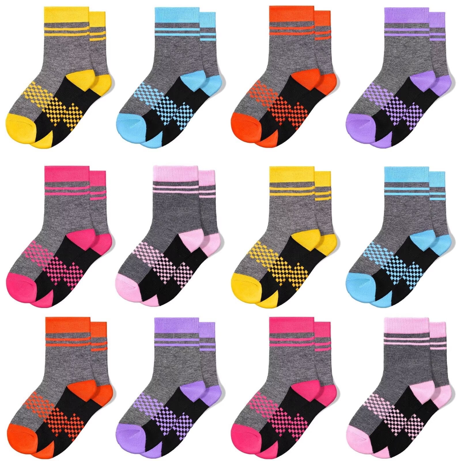 12 Pairs Boys Crew Socks Novelty Plaid Kids Elastic Mid Cut Toddler ...