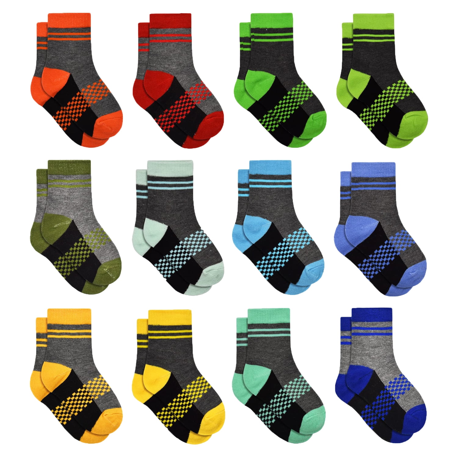 12 Pairs Boys Crew Socks Novelty Plaid Kids Multiple Colour Elastic Mid ...
