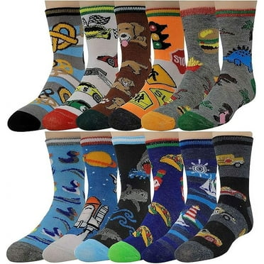 TeeHee Kids Boys Cotton Fun Crew Socks 12 Pair Pack (3-5 Years, Bold ...