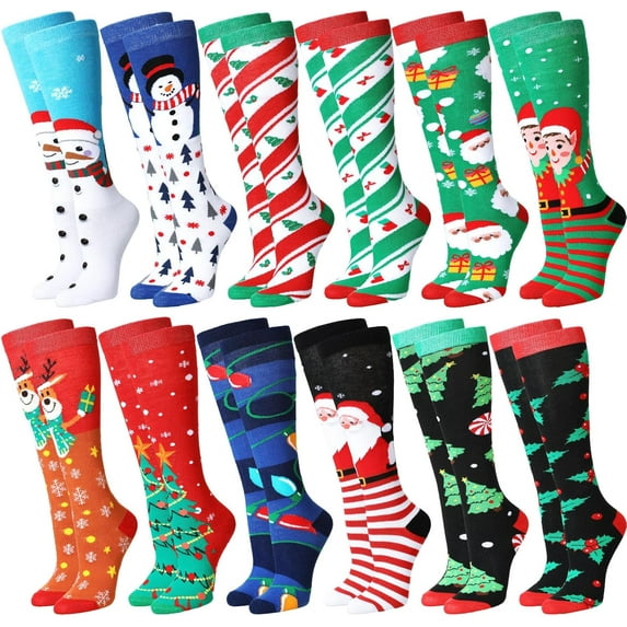 12 Pairs Christmas Knee High Socks Women Funny Holiday Knee High Socks ...