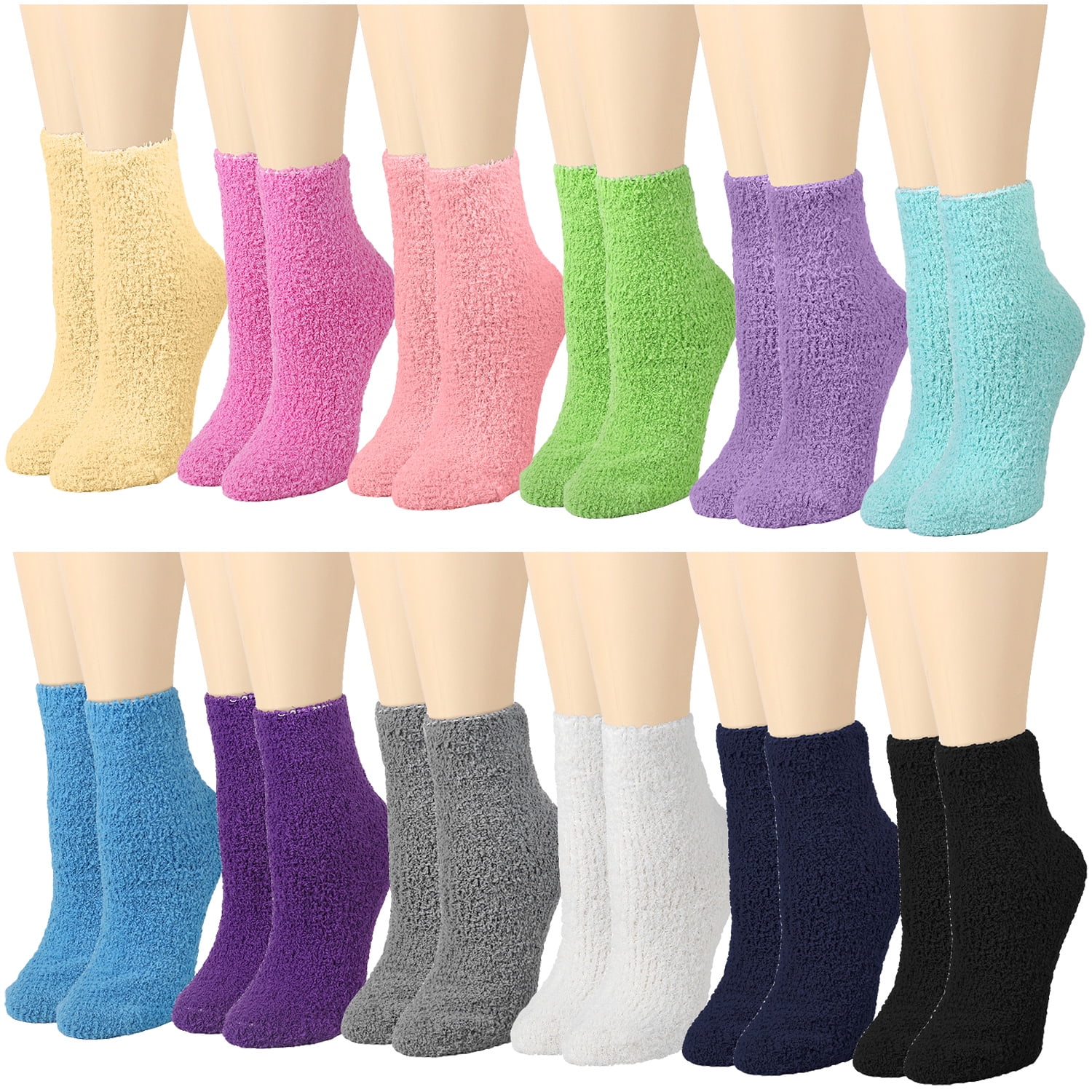 12 Pair Pack Womens Fuzzy Socks, Microfiber Soft Warm Fluffy with Anti ...