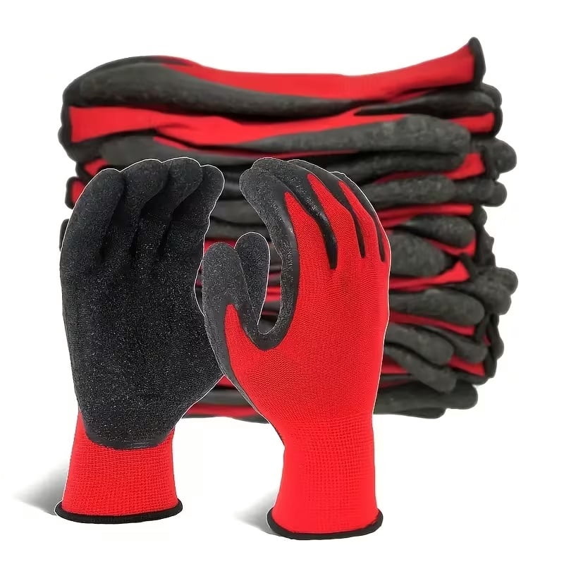 12 Pairs Heavy Duty Latex Work Gloves - Red and Black Non-Slip Grip ...