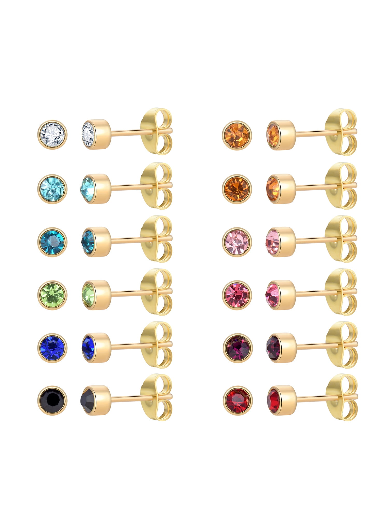 Walmart's 12 Pairs IP Gold Stainless Steel, Nickel-Free, Colored Crystal Stud Earrings Set for ...