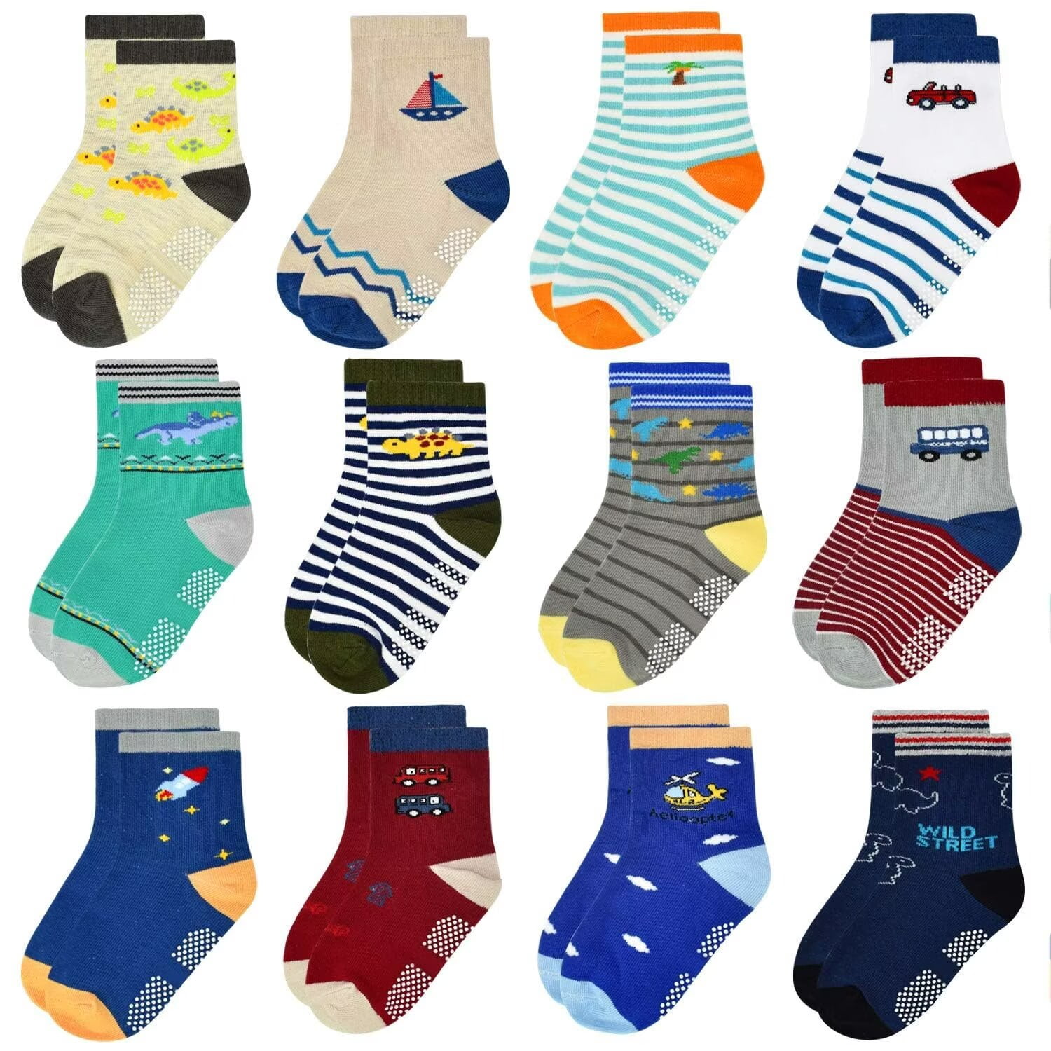 12 Pairs Kids Non Slip Skid Socks Grips Sticky Slippery Cotton Crew ...