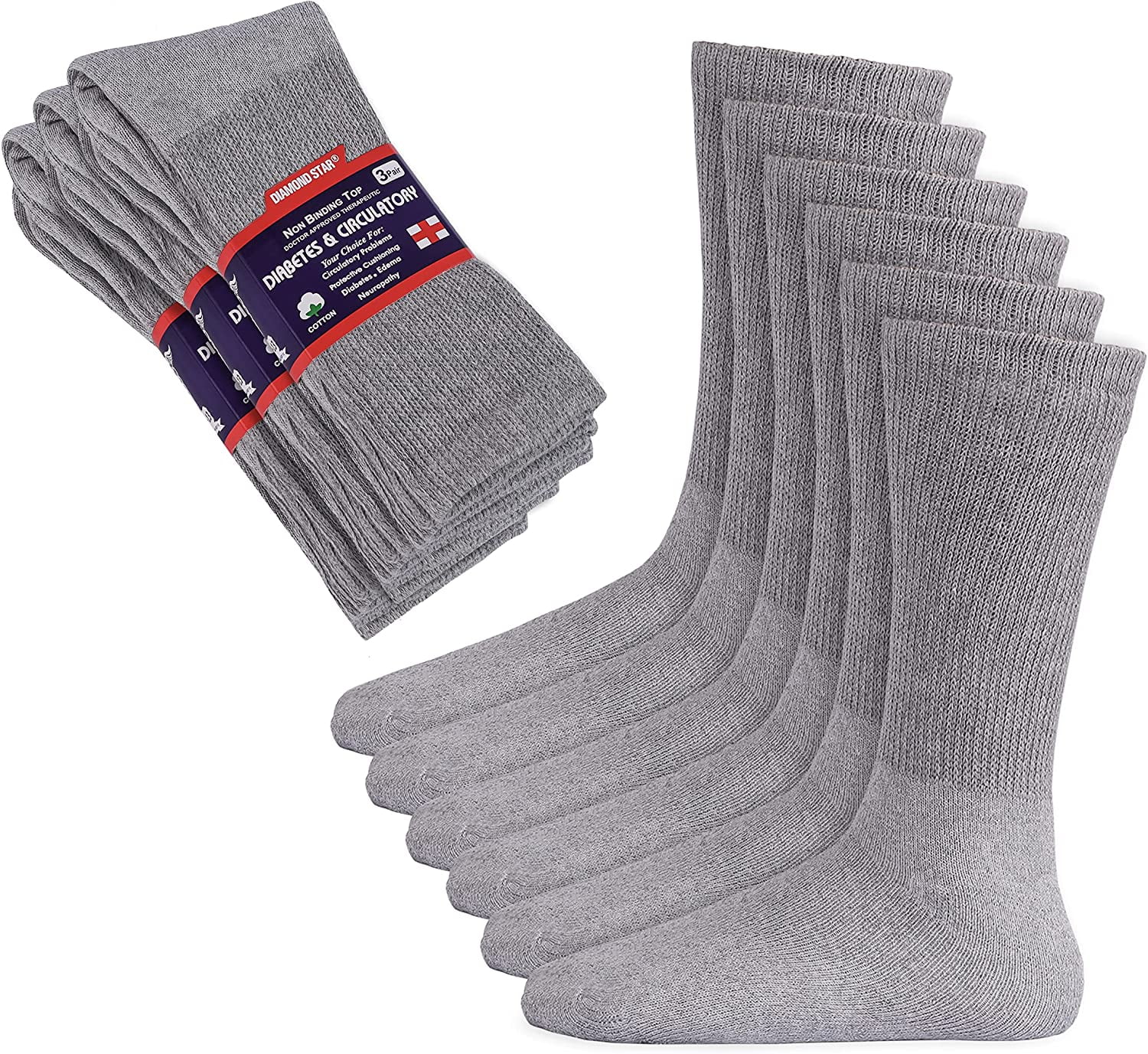 12 Pairs Men's Diabetic GRAY Crew Socks "Cotton & Circulatory Health ...