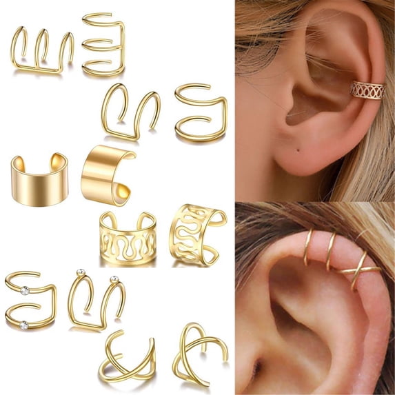 12 Pairs Non-Piercing Ear Cuffs for Women Gold Leaf Clip On Fake ...