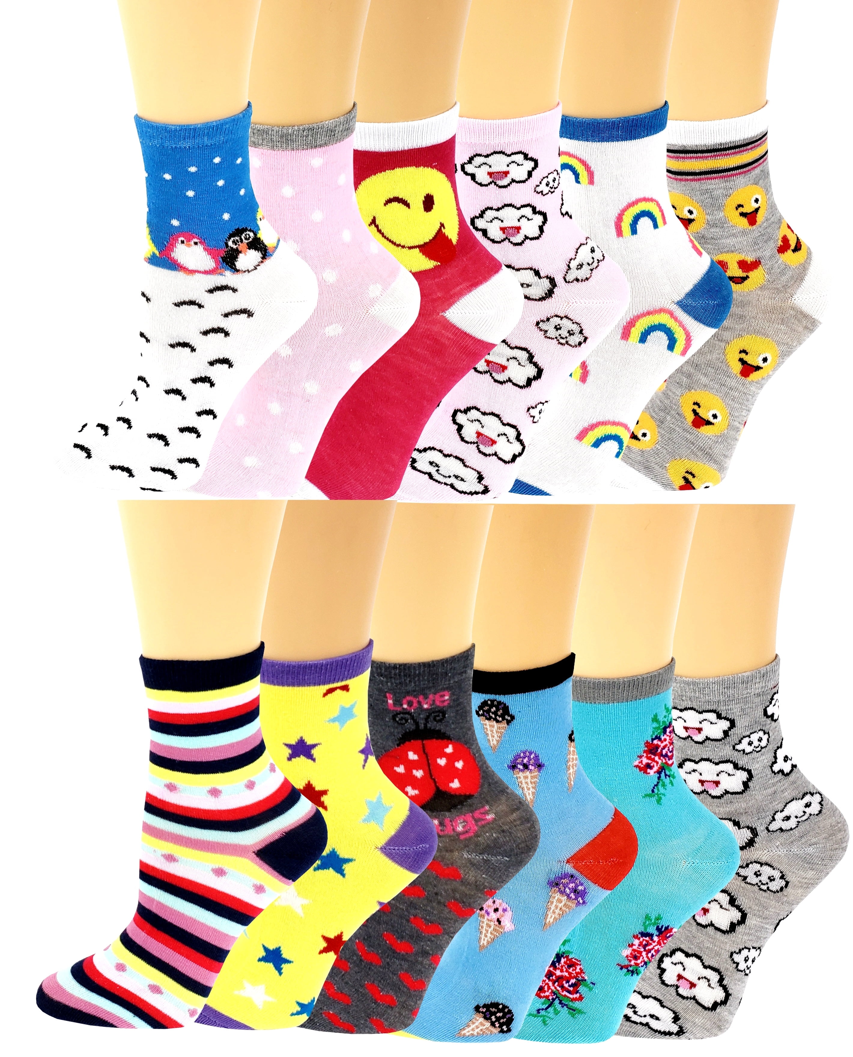 Different Touch Kids Girls Colorful Crew Socks 12 Pairs Novelty Designs ...