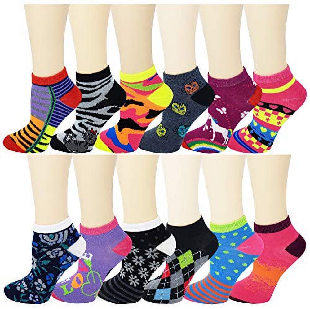 12 Pairs Pack Women Low Cut Neon Colorful Fancy Design Anklet Socks 9 ...