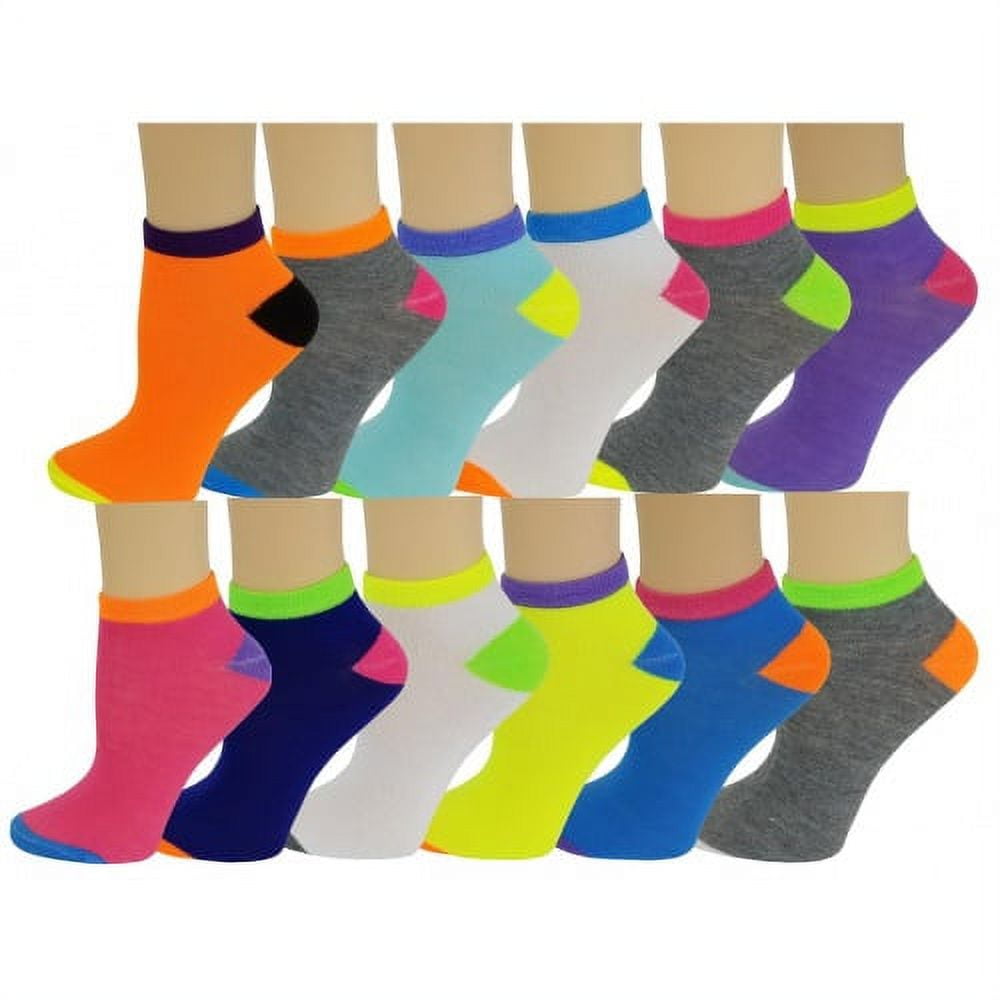 Sumona Women's 12-Pack Neon Colorful Low Cut Fancy Design Anklet Socks ...