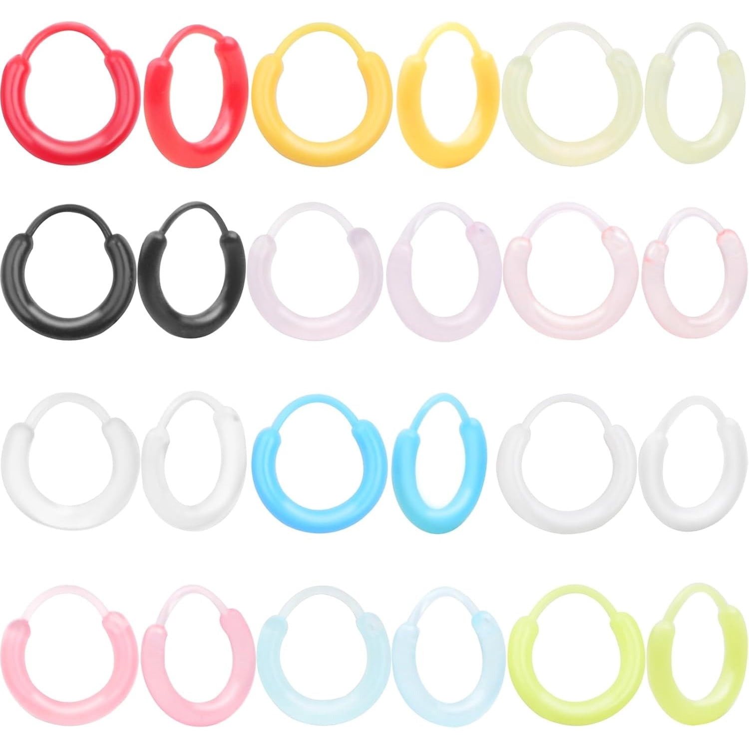 12 Pairs of Plastic Hoop Earrings 18G Anti-Allergy Unisex Cute Colored ...