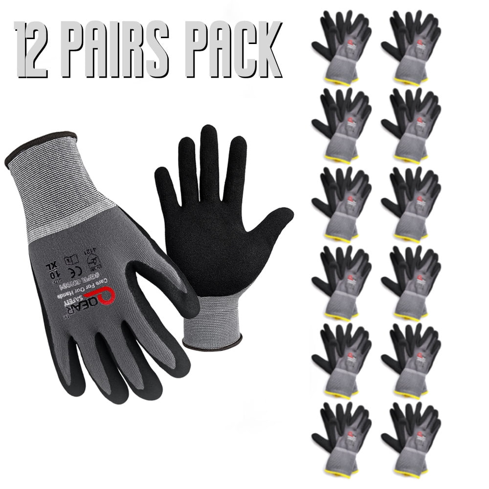12 Pairs QEAR General Purpose Work Safety Gloves, Nitrile Rubber Palm ...
