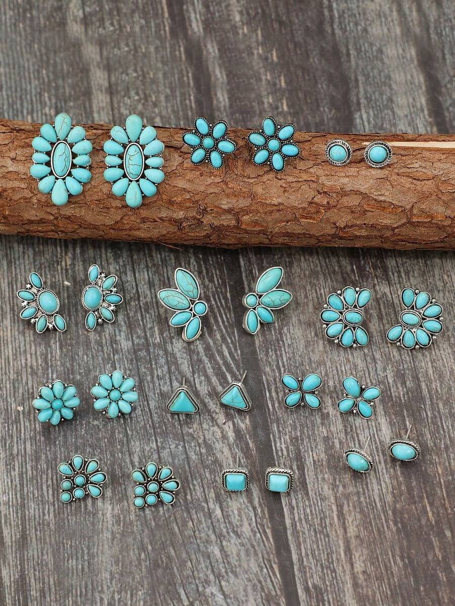 12 Pairs Silver-Tone Turquoise Flower Geometric Stud Earrings For Women ...