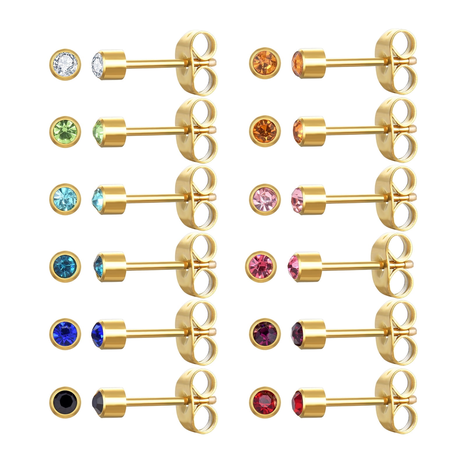 12 Pairs Surgical Stainless Steel Cubic Zirconia Birthstone Stud ...