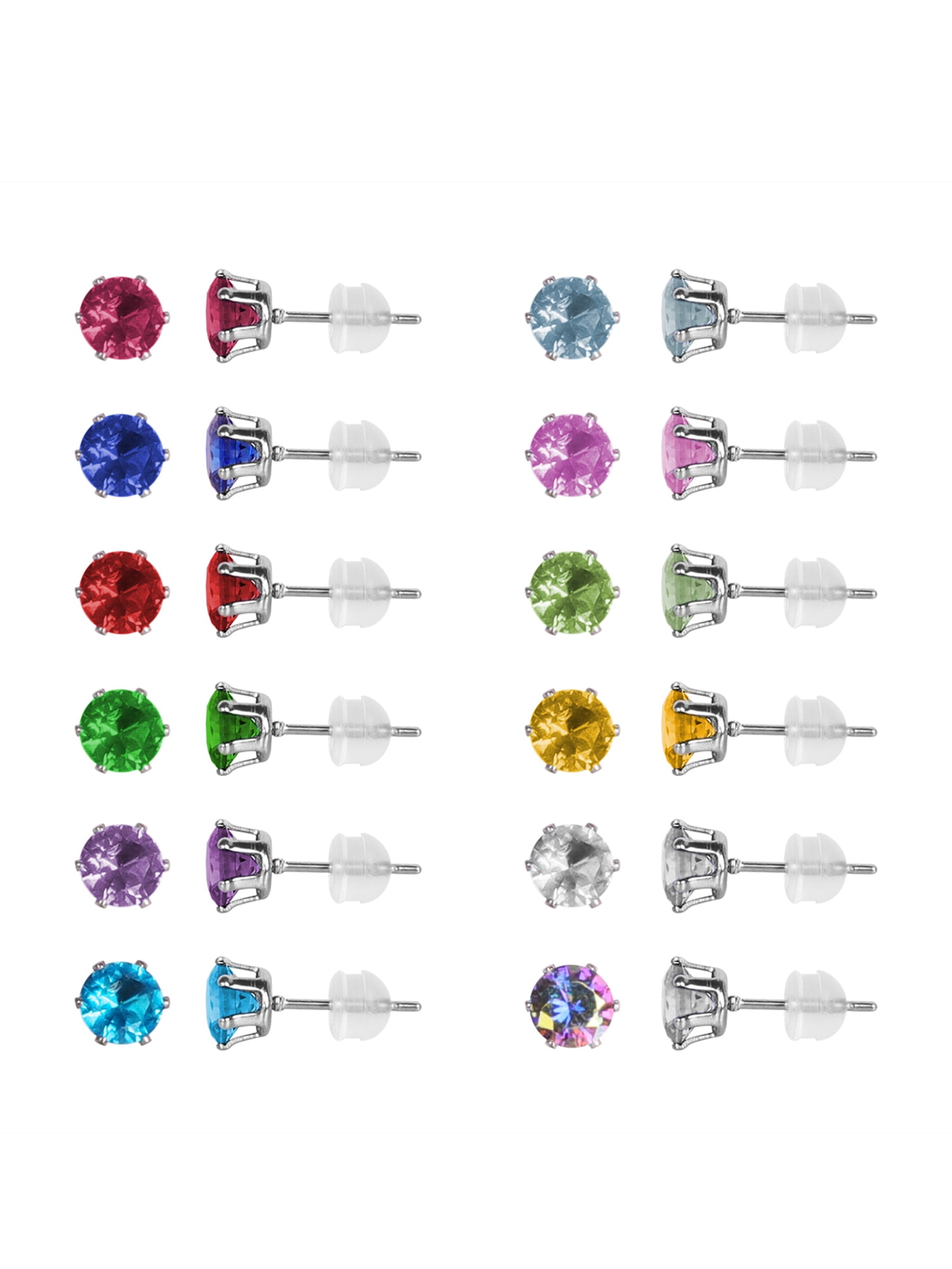 12 Pairs Stainless Steel CZ Stud Earrings for Women, Birthstone Cubic ...
