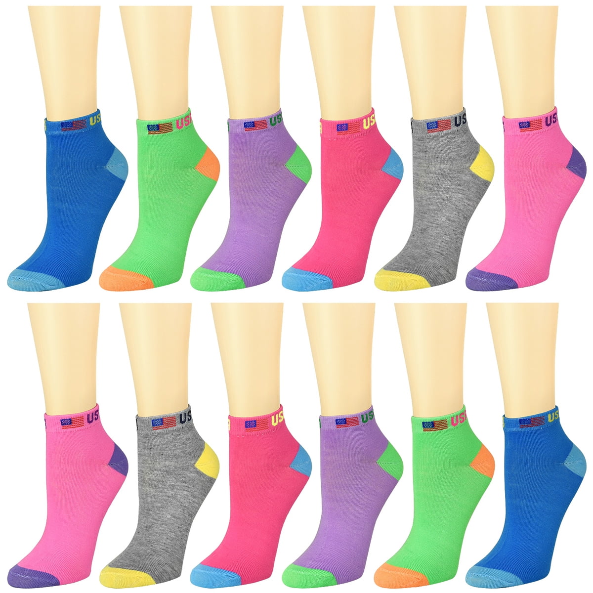 USA 12-Pack Women's Ankle Socks, Assorted Colors, Size 9-11, Shoe Size ...