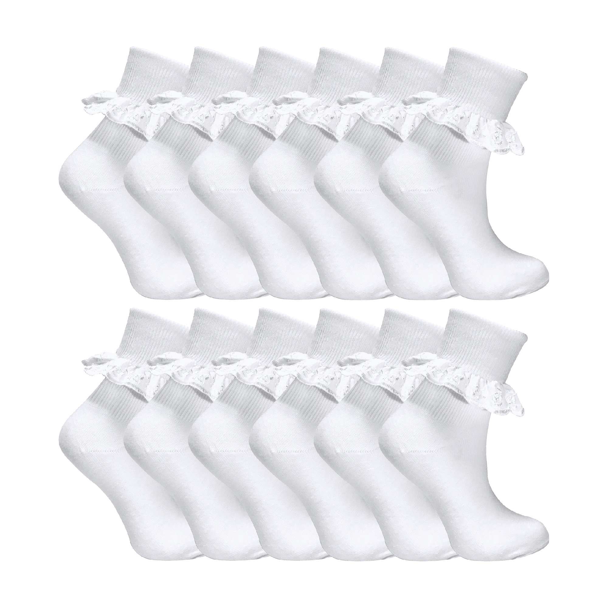 Sock Snob - 12 Pairs Comfy Soft Cotton Rich Girls Frilly Lace Socks | 7 Sizes | White School ...