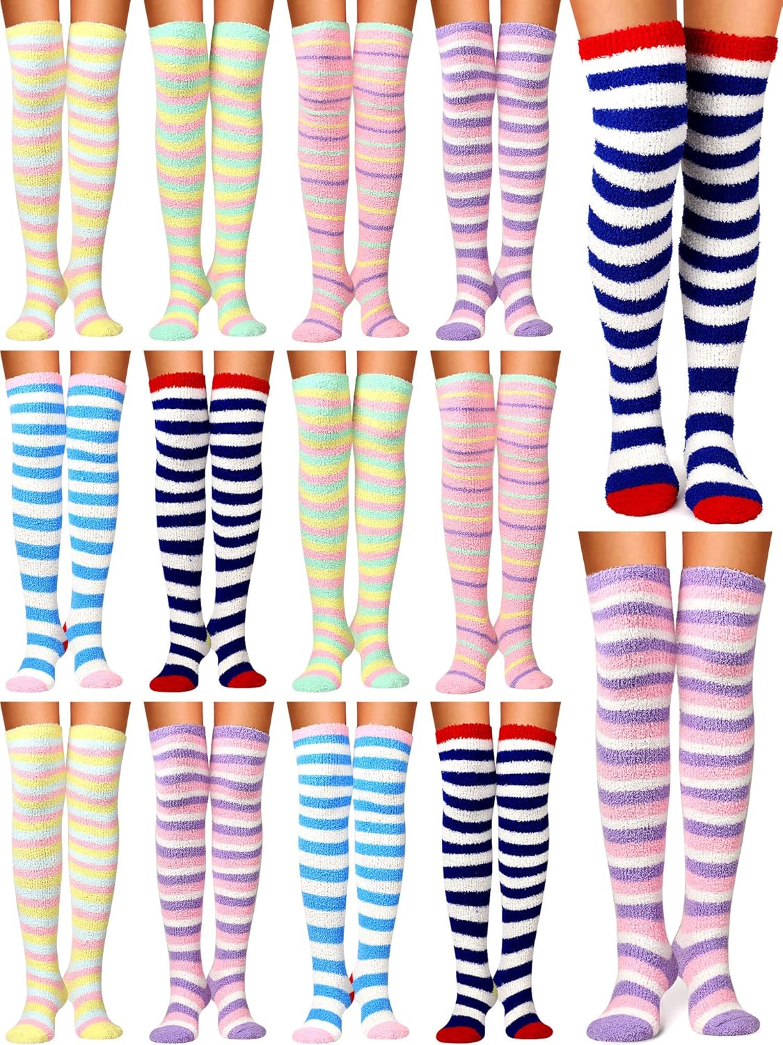 12 Pairs Women Thigh High Fuzzy Socks Warm Long Striped Stocking Cute ...
