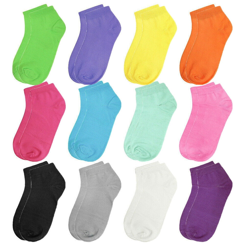 12 Pairs Women's Ankle Socks Multicolor Solid Assorted, Size 9-11 ...