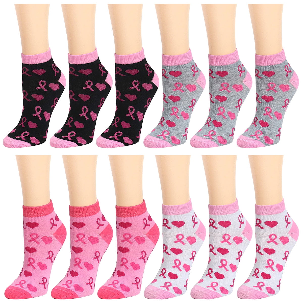 12 Pairs Women's Breast Cancer Pink Ribbon Awareness Ankle Socks Size 9 ...