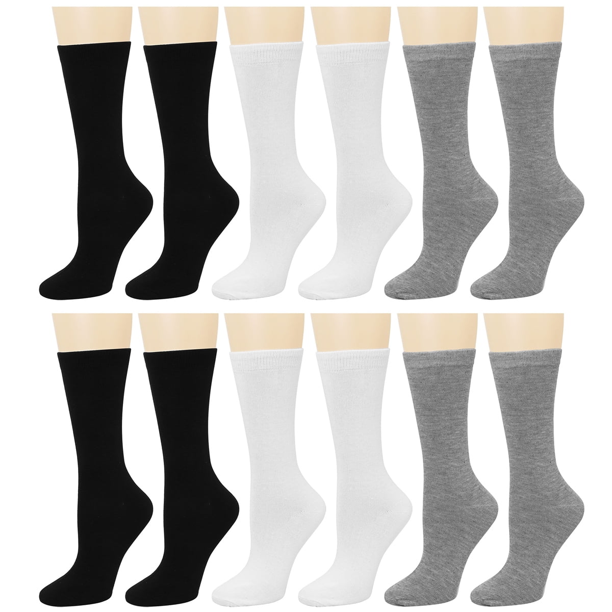 12 Pairs Women's Cotton Crew Socks, Assorted Colors, Size 9-11, Machine ...