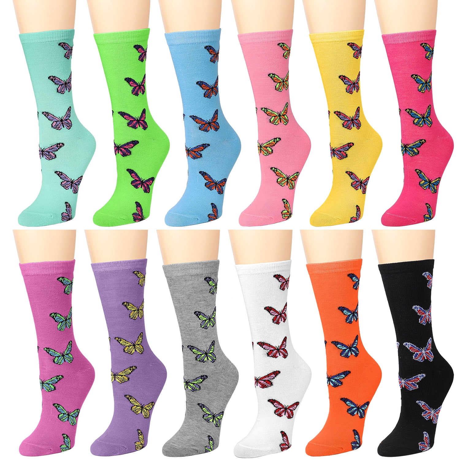 12 Pairs Women's Crew Socks Fancy Novelty Designed Size 9-11 Multicolor ...