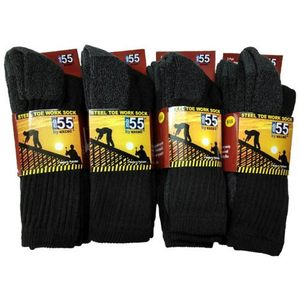 12 Pairs of Men's Heavy Duty Steel Toe Work Socks, Black, Sock Size 10 ...