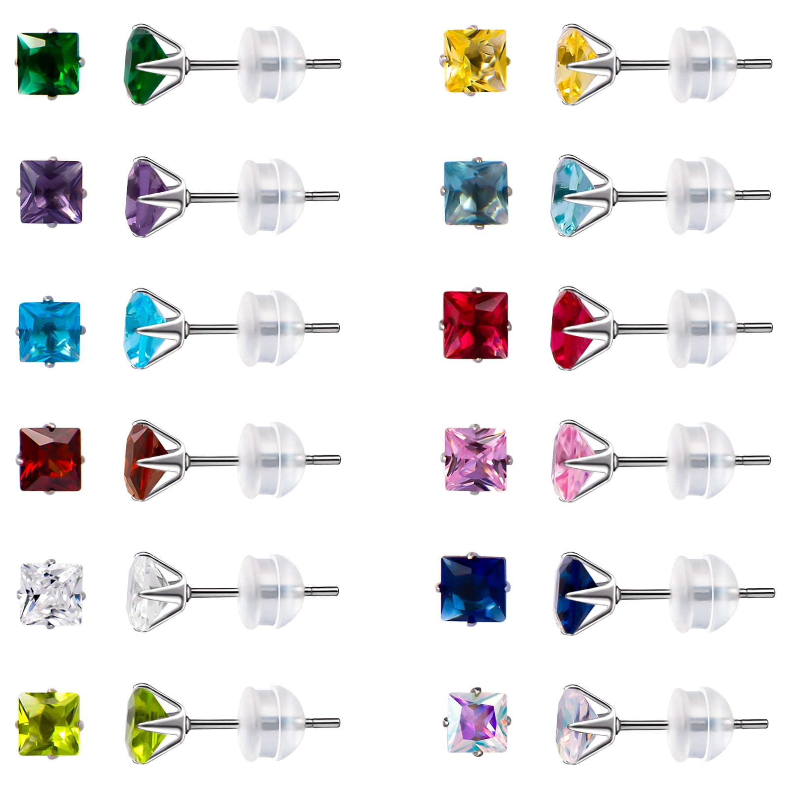 12 Pairs 18K Gold Plated Stainless Steel CZ Stud Earrings, Birthstone ...