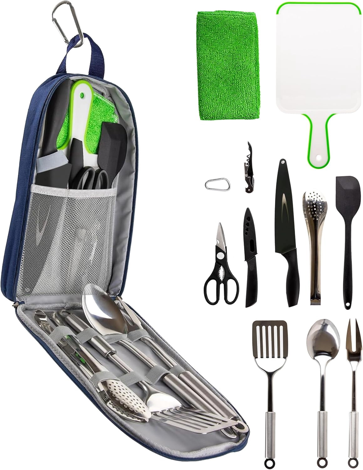 12 Pc Camp Cooking Utensil Set with Portable Carry Case Stainless Steel ...