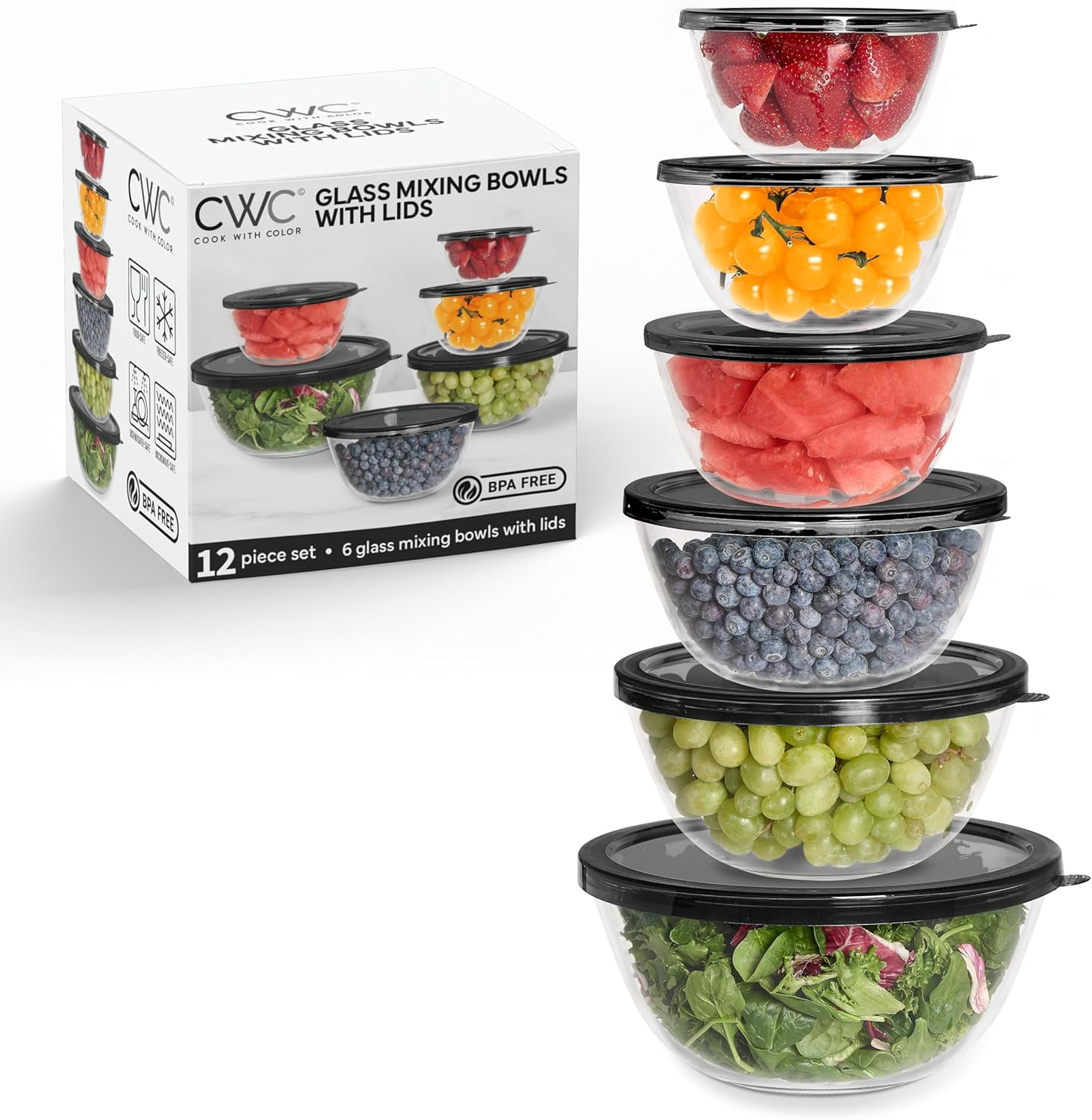 12 Pc Glass Mixing Bowl Set with Lids – Borosilicate Glass Nesting ...