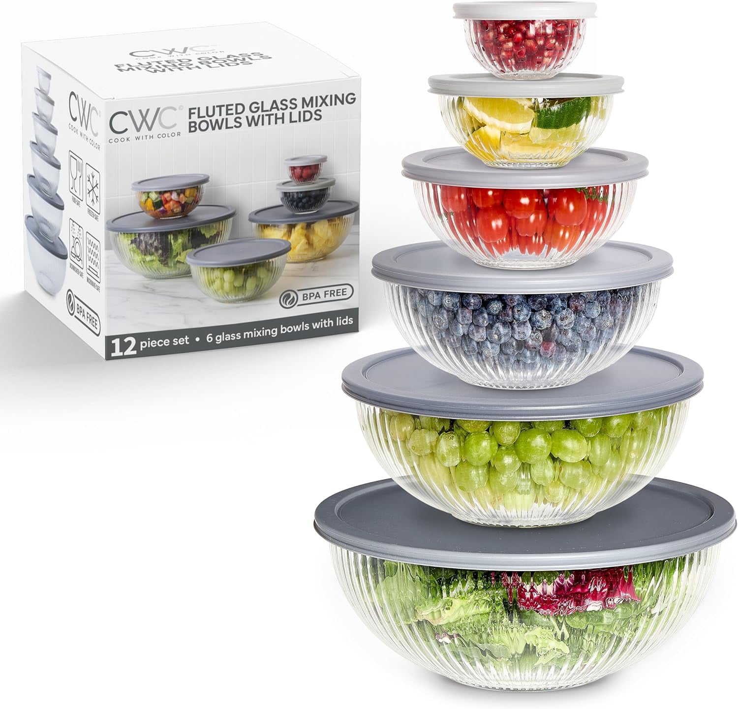 12 Pc Glass Mixing Bowl Set with Lids – Borosilicate Glass Nesting ...