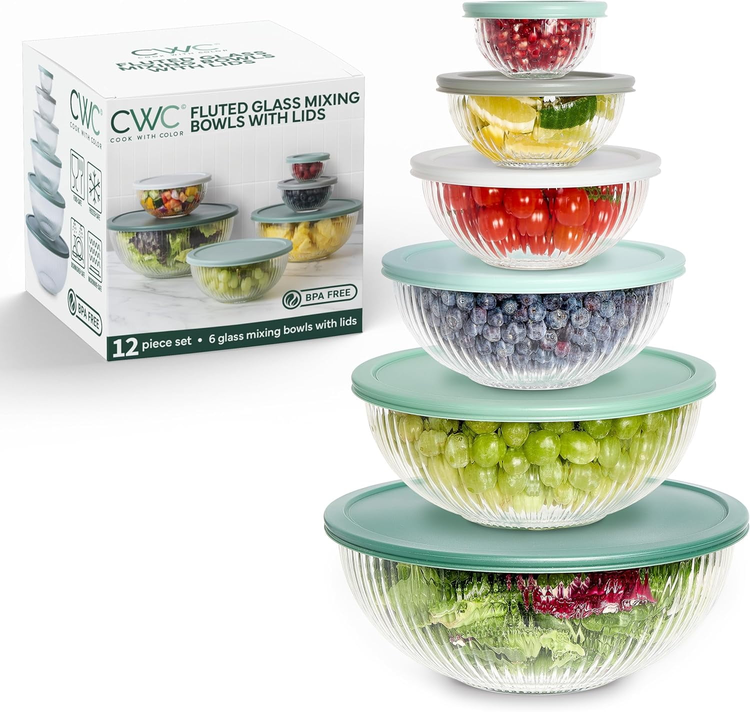 12 Pc Glass Mixing Bowl Set with Lids – Borosilicate Glass Nesting ...