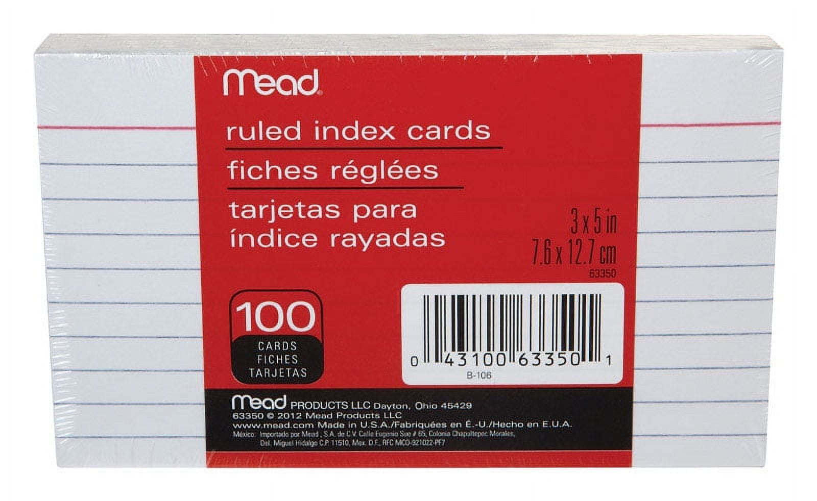 12 Pc, Mead 3 In. H X 5 In. W Ruled Index Cards White 100 Pk - Walmart.com