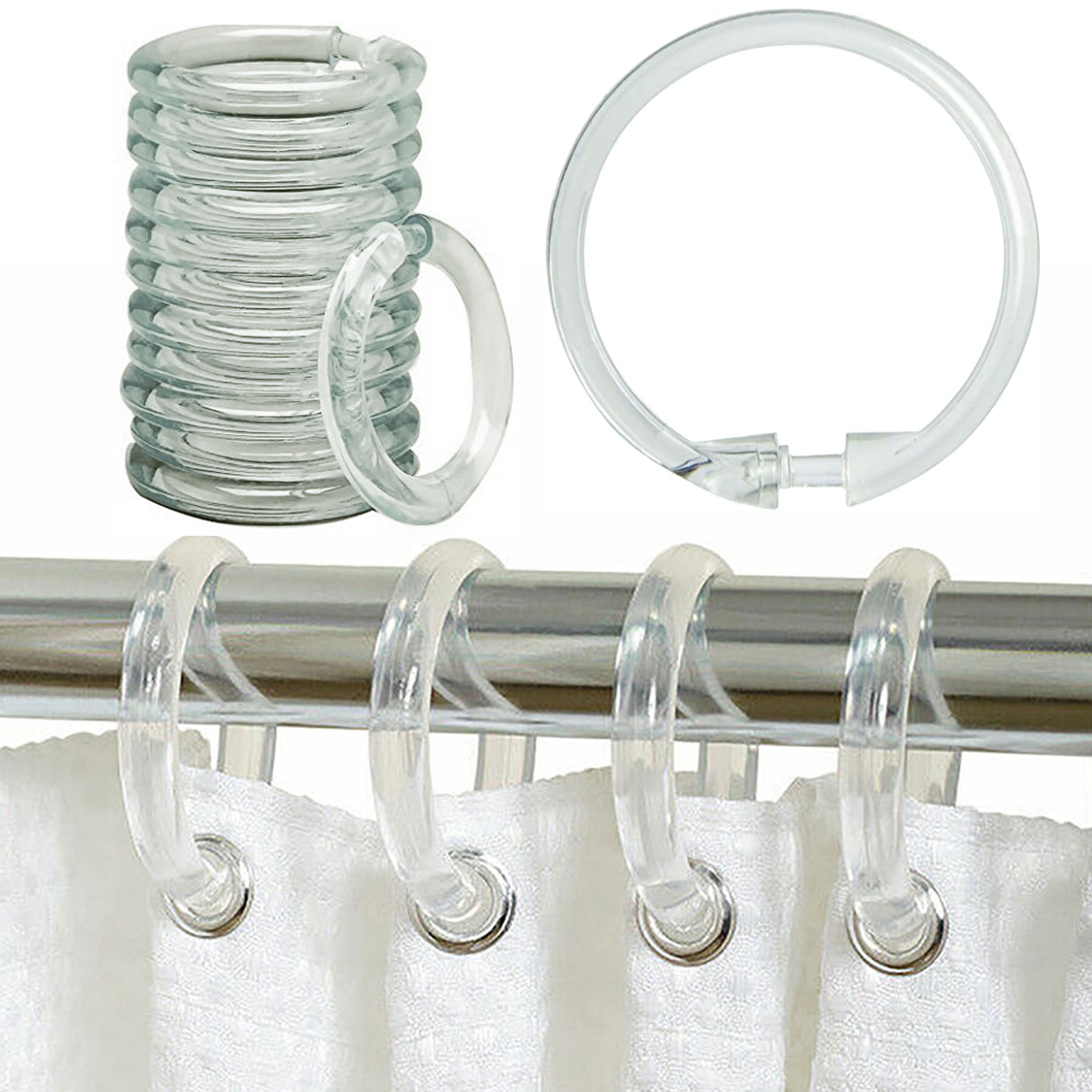 12 Pc Plastic Curtain Round Rings Clear Shower Hooks Rod Bathroom ...
