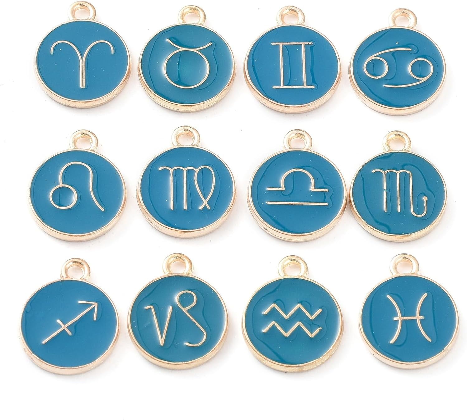 12 Pcs 12 Constellations Alloy Enamel Pendants Dark Cyan Zodiac Sign ...