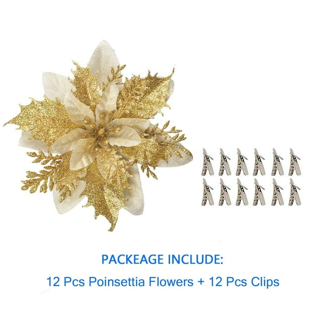 12 Pcs 15cm / 5.9in Poinsettia Artificial Flowers with Clips and Stems Glitter Christmas Tree ...
