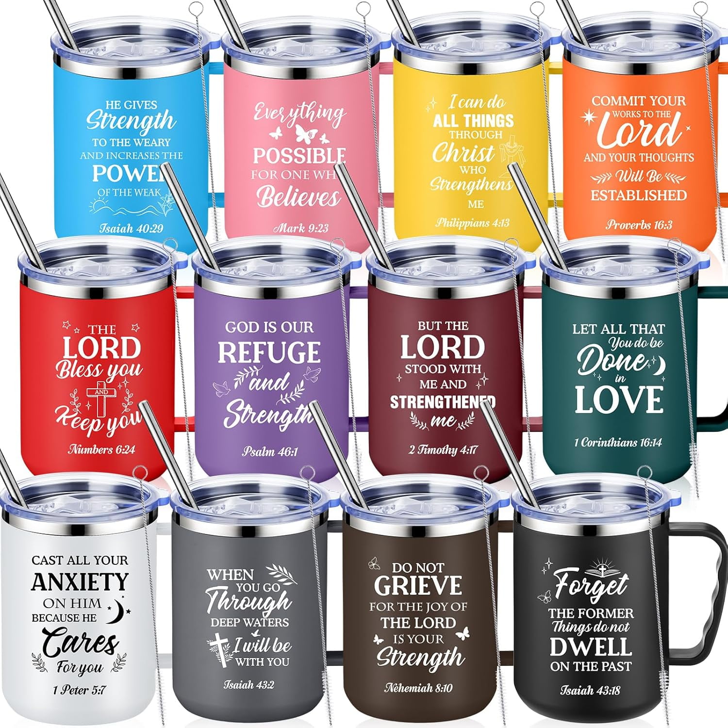 12 Pcs 17 oz Christian Coffee Mugs with Lid and Straw Religious Bible ...
