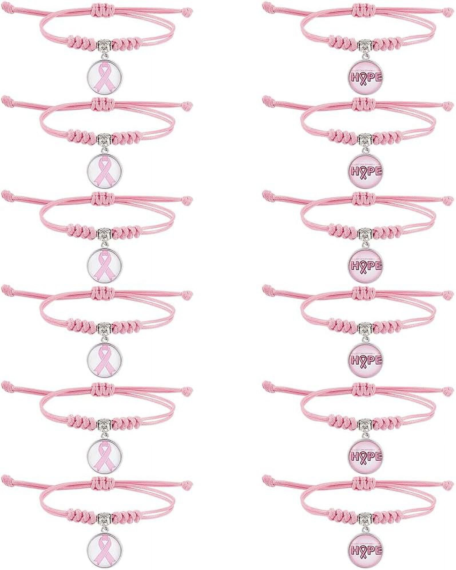 12 Pcs 2 Styles Pink Ribbon Bracelets Breast Cancer Awareness Glass ...