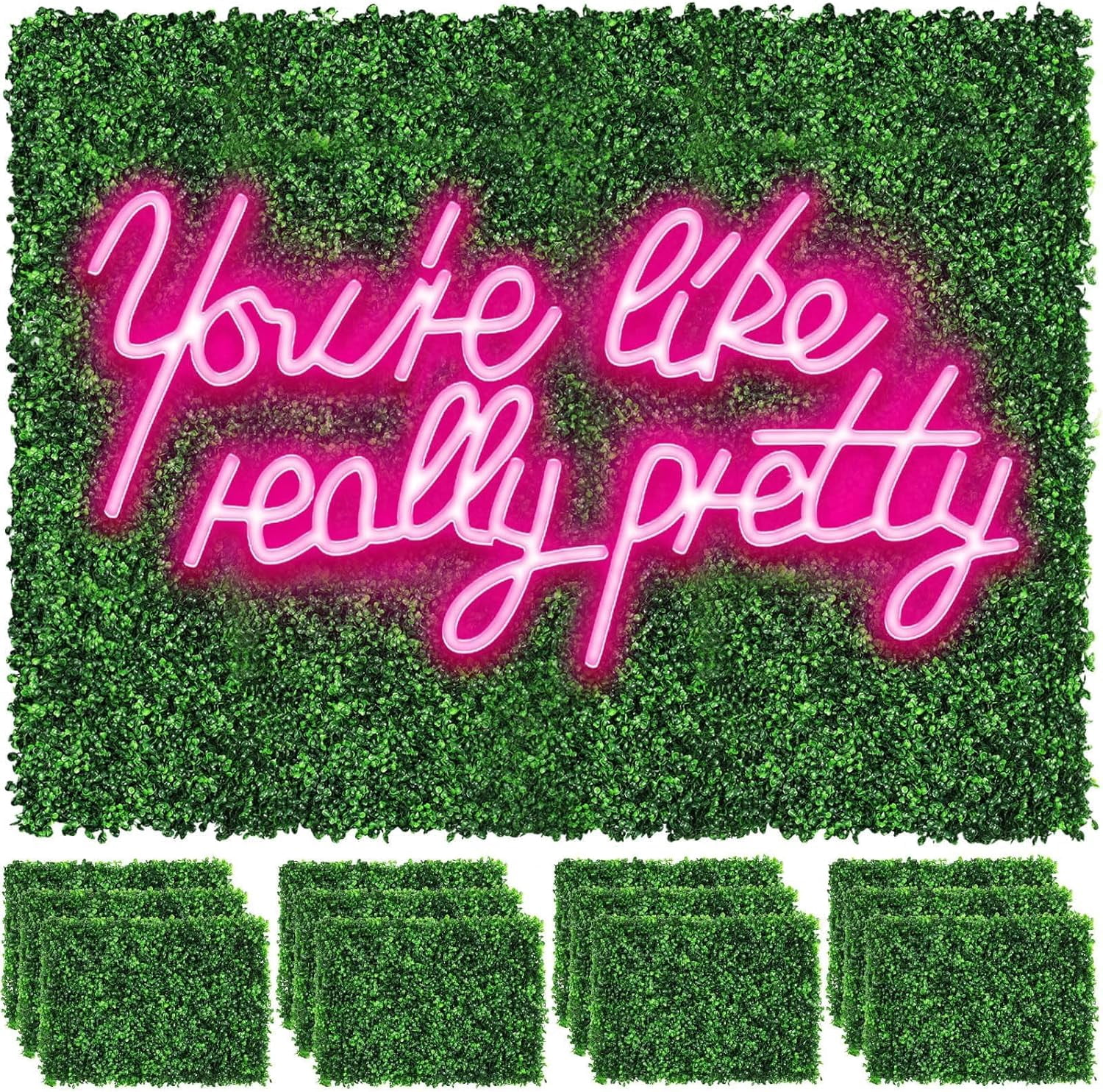 12 Pcs 24"x 16" Artificial Grass Wall Panels with Pink Neon Sign ...