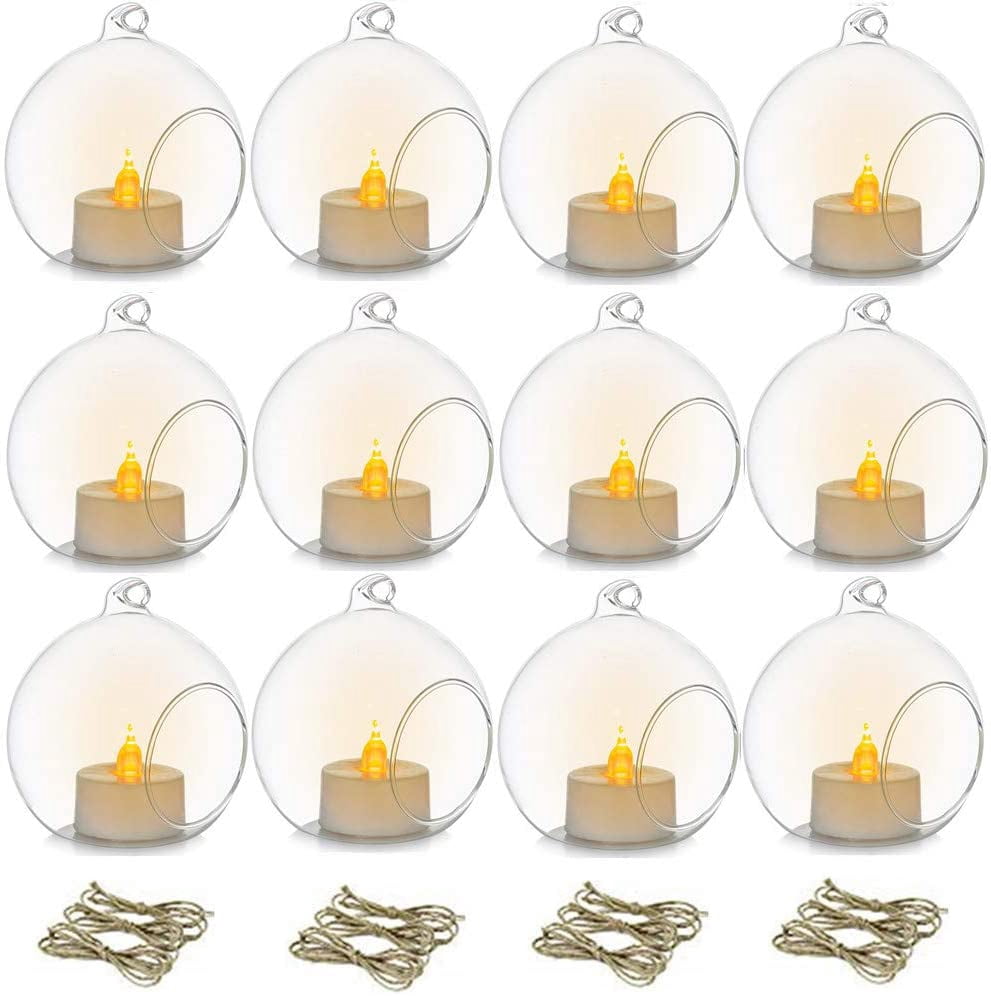 12 Pcs 3.15"/ 8cm Hanging Glass Tealight Holder Globe with LED Tealight ...