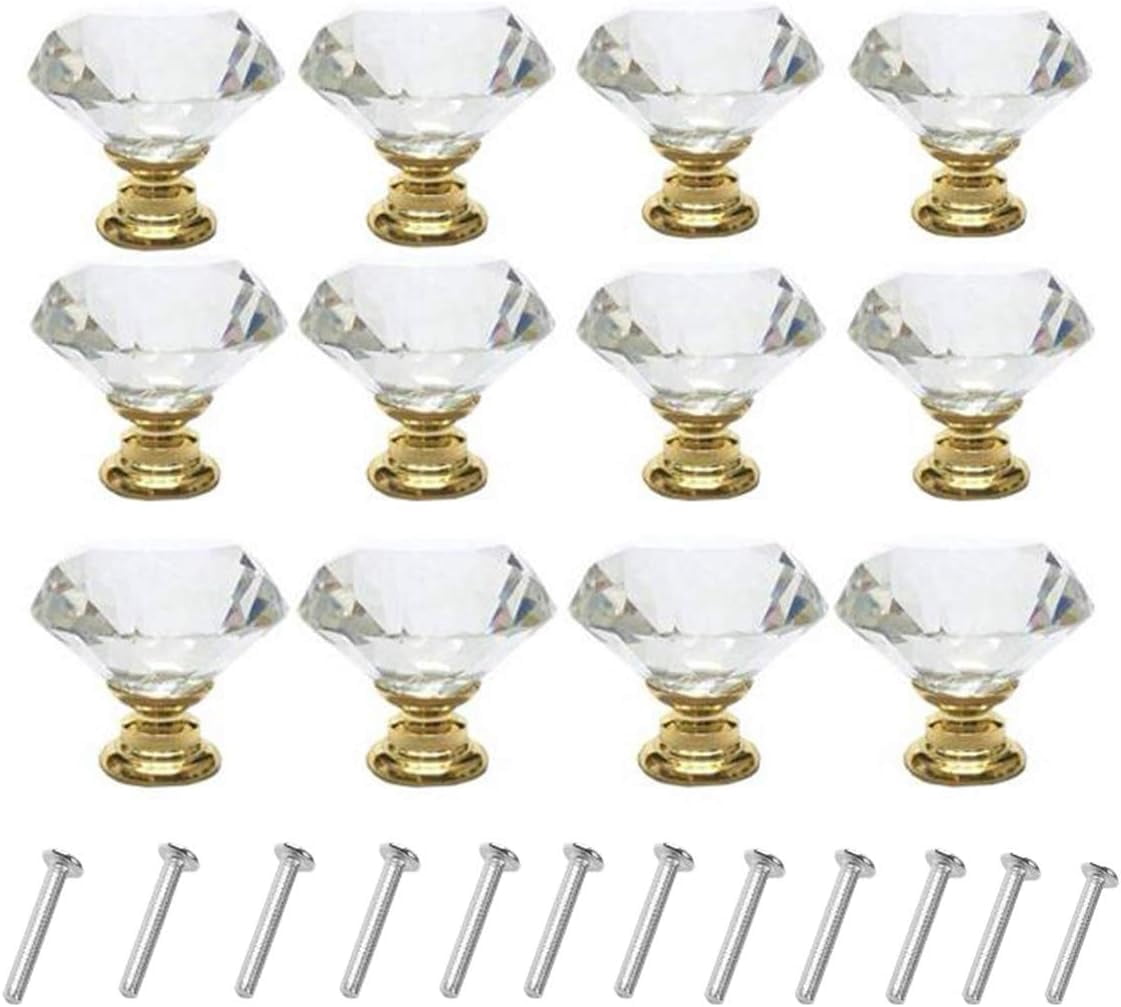 12 Pcs 30mm Diamond Shape Crystal Glass Cabinet Knobs with Screws ...