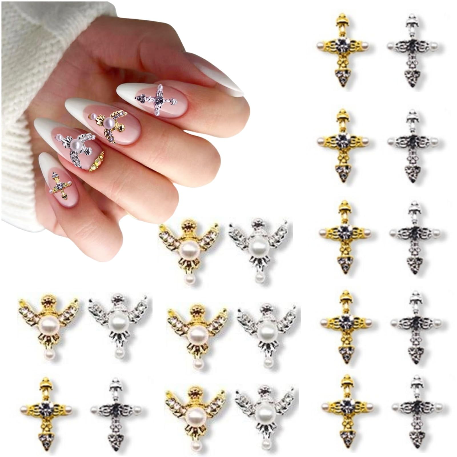 12 Pcs 3D Alloy TMA2 Cross Angel Luxury Nail Charms,Pearl Alloy Crystal Rhinestones Nail Decor ...
