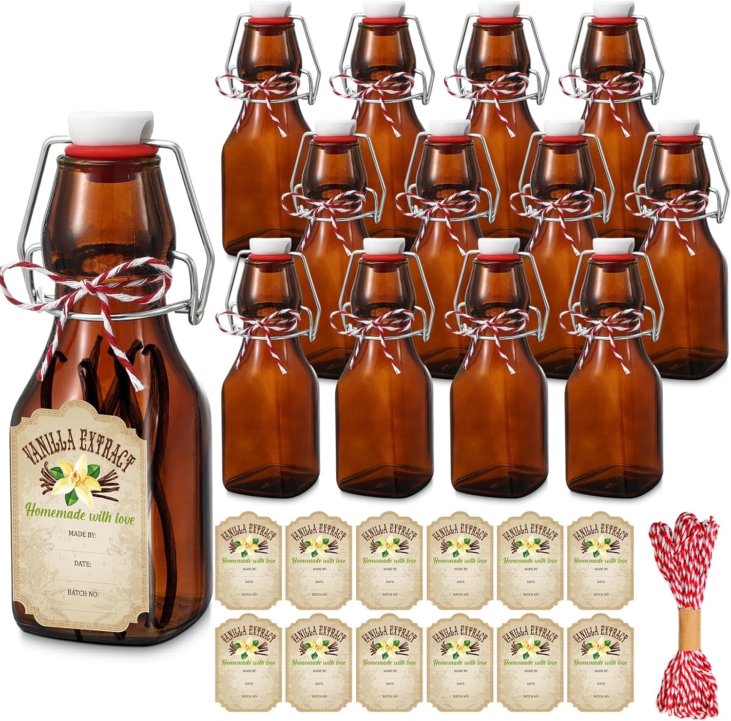 12 Pcs 4 oz Amber Swing Top brown Square Glass Bottles for Vanilla ...