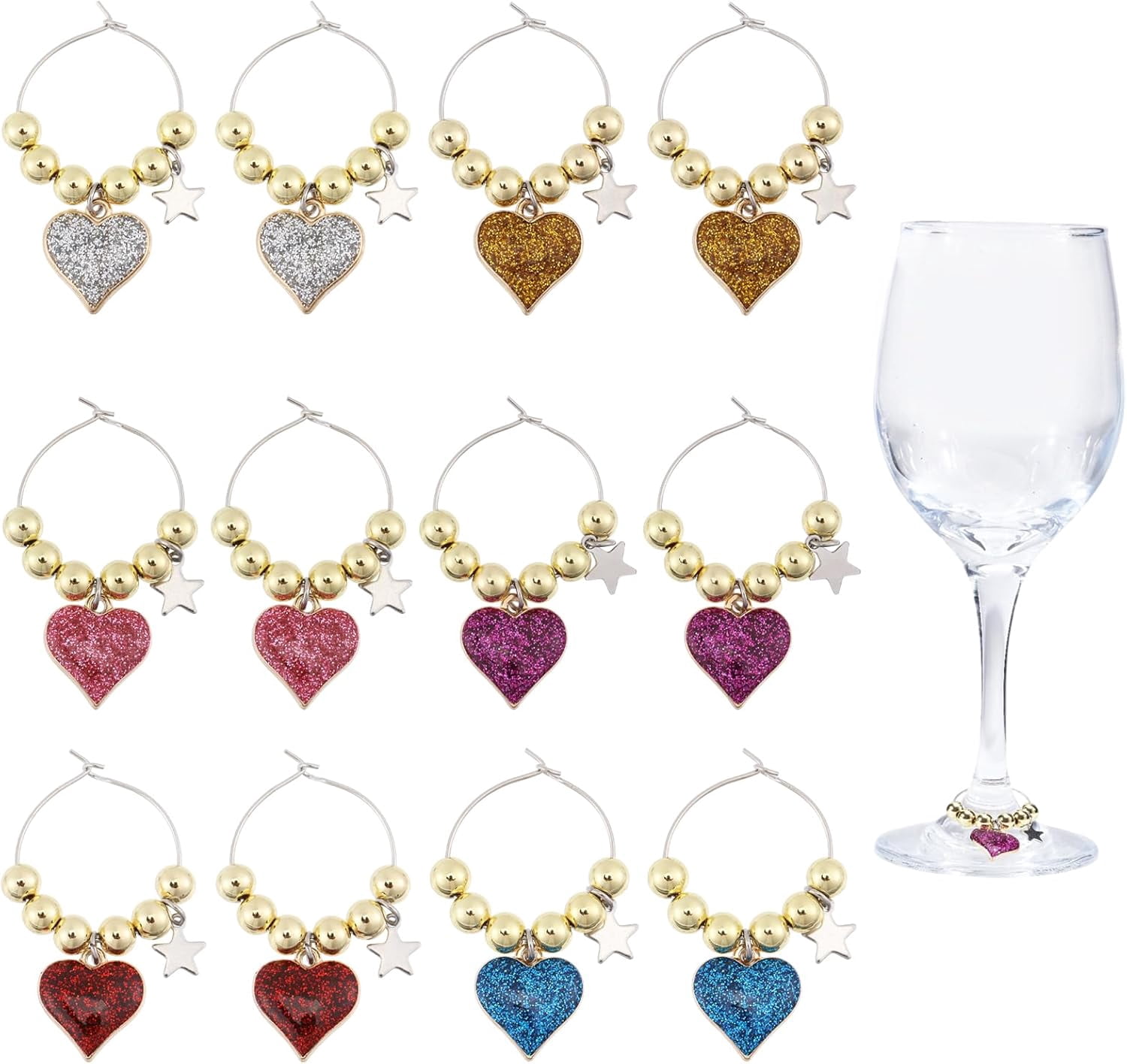 12 Pcs 6 Color Heart Wine Charms Heart Shaped Wine Glass Charms Parties ...