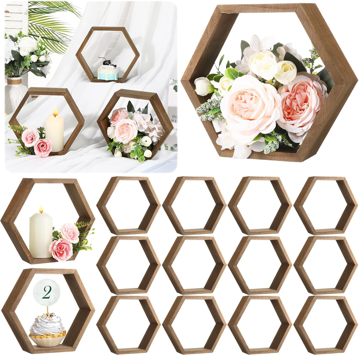 12 Pcs 8 Inch Hexagon Shelves Hexagon Wood Centerpiece Geometric ...