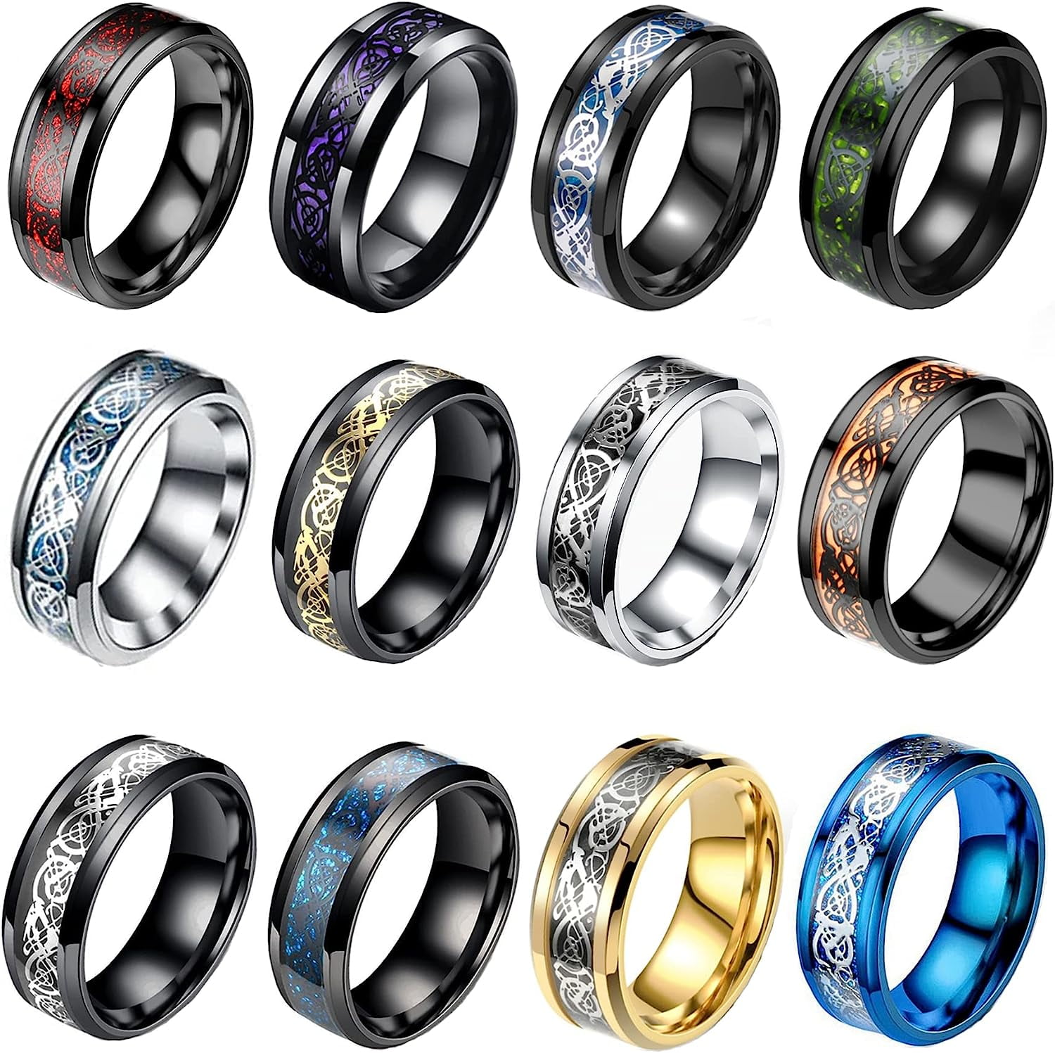 12 Pcs 8mm Stainless Steel Ring for Men Women Celtic Dragon Beveled ...