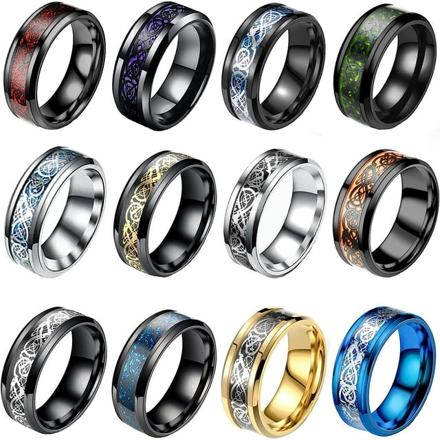 12 Pcs 8mm Stainless Steel Ring for Men Women Celtic Dragon Beveled ...