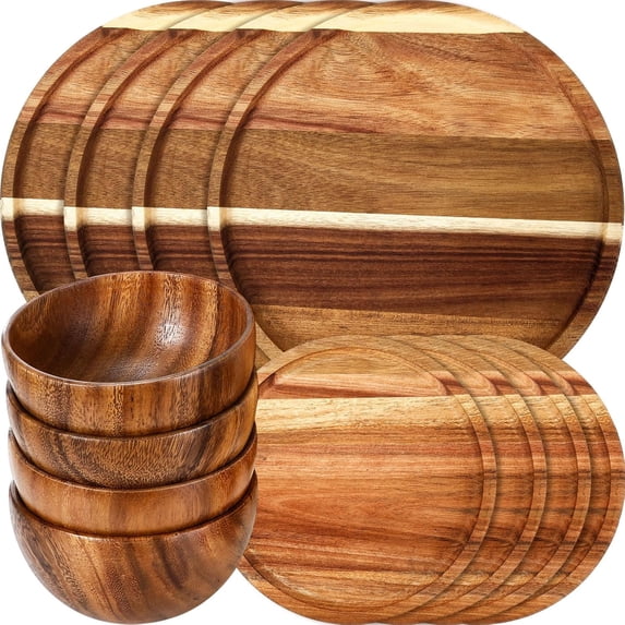 12 Pcs Acacia Wood Dinnerware Set, Round Wooden Plates 8 Inch 10 Inch ...