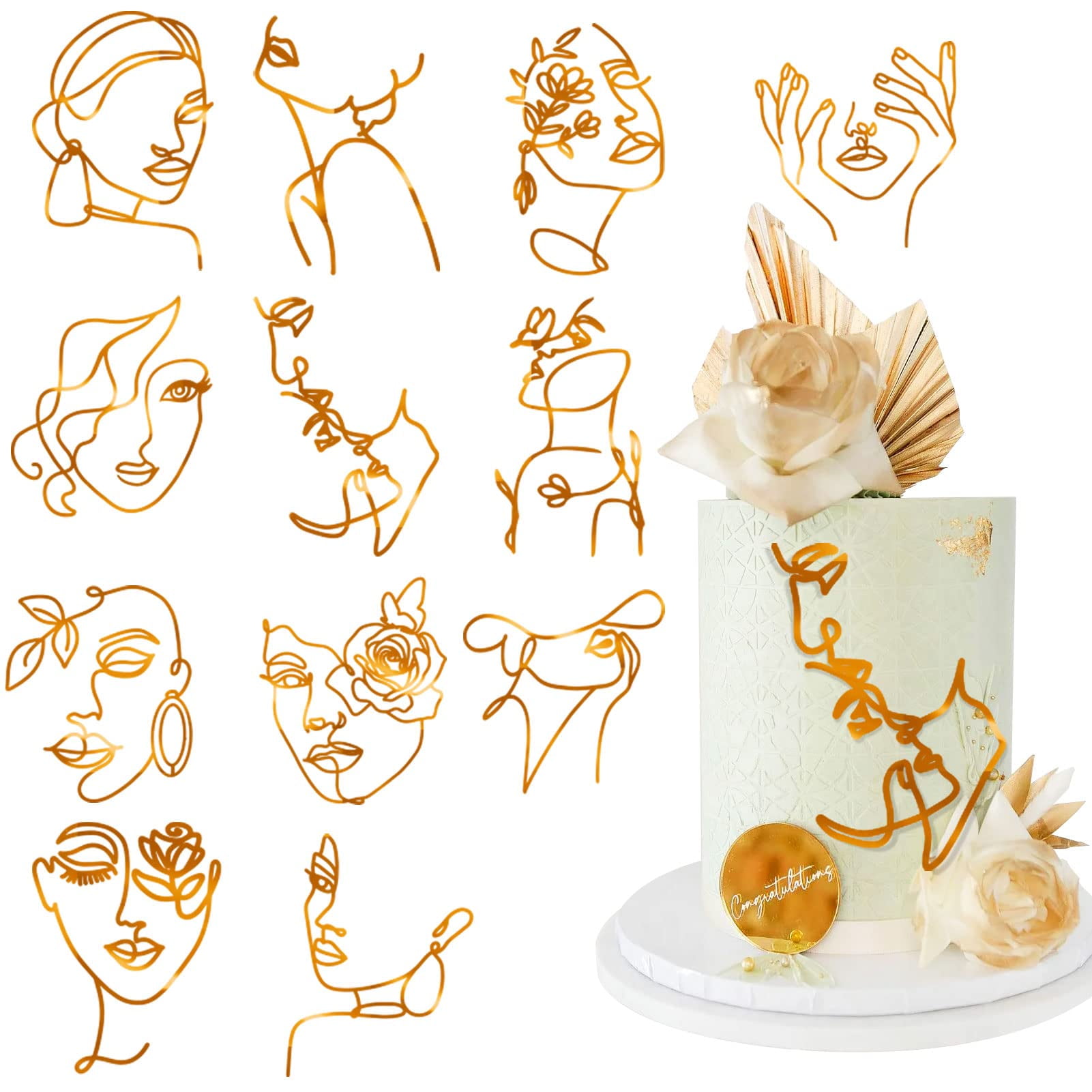 12 Pcs Acrylic Lady Face Cake Topper Minimalist Art Happy Birthday Cake ...
