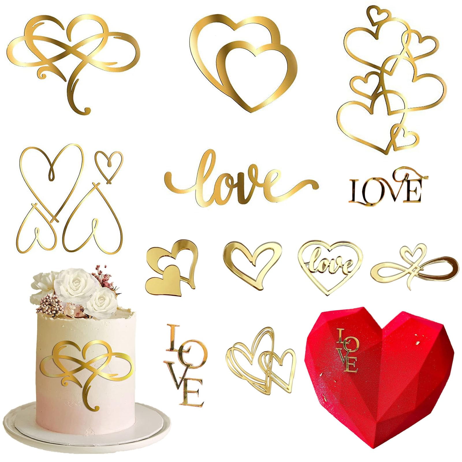 12 Pcs AcrylicEGSC Love Heart Cake Topper, Gold Heart Cake Toppers ...