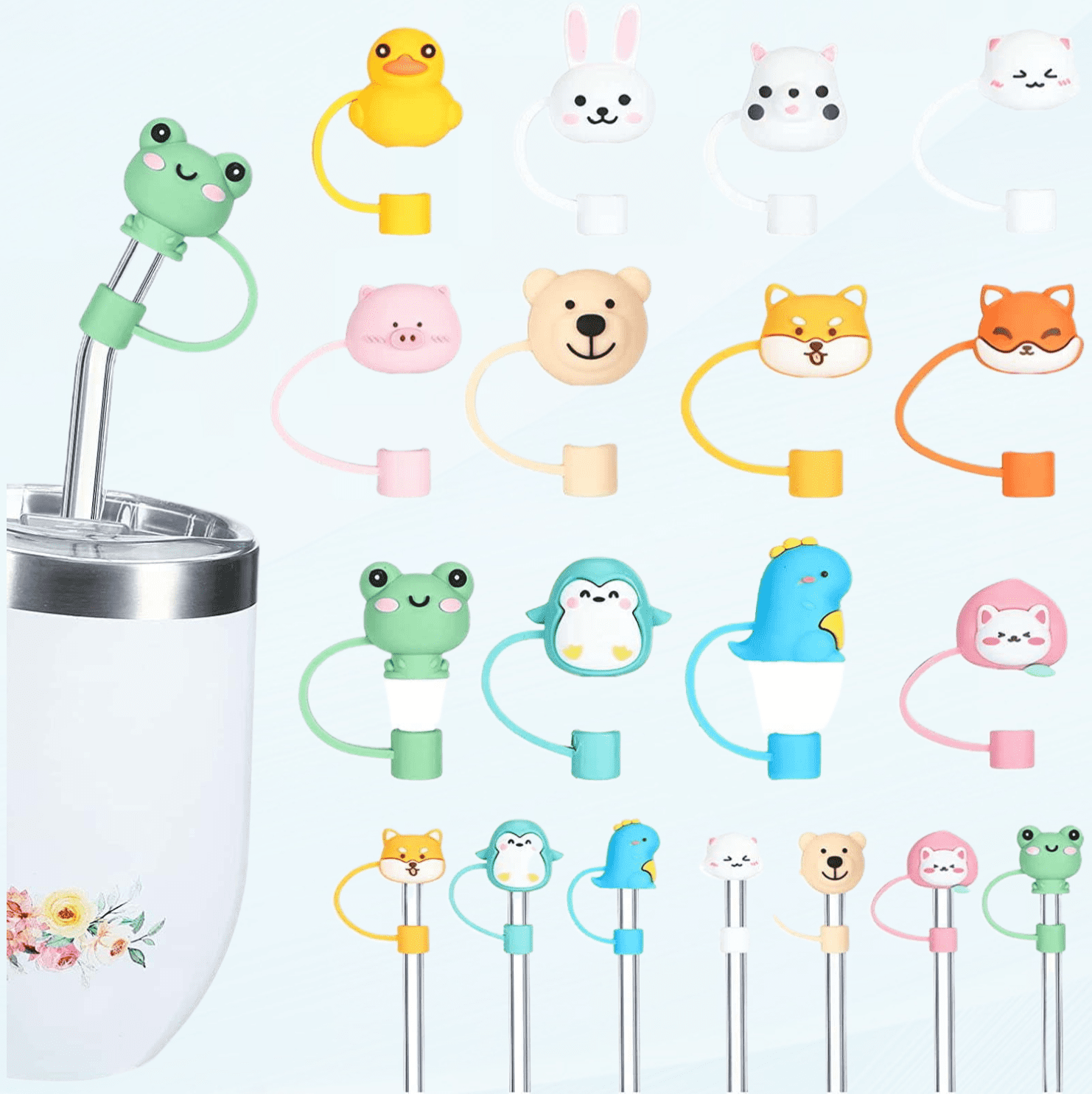 12 Pcs Animals Silicone Straw Covers Cap Reusable Straw Tip Covers ...